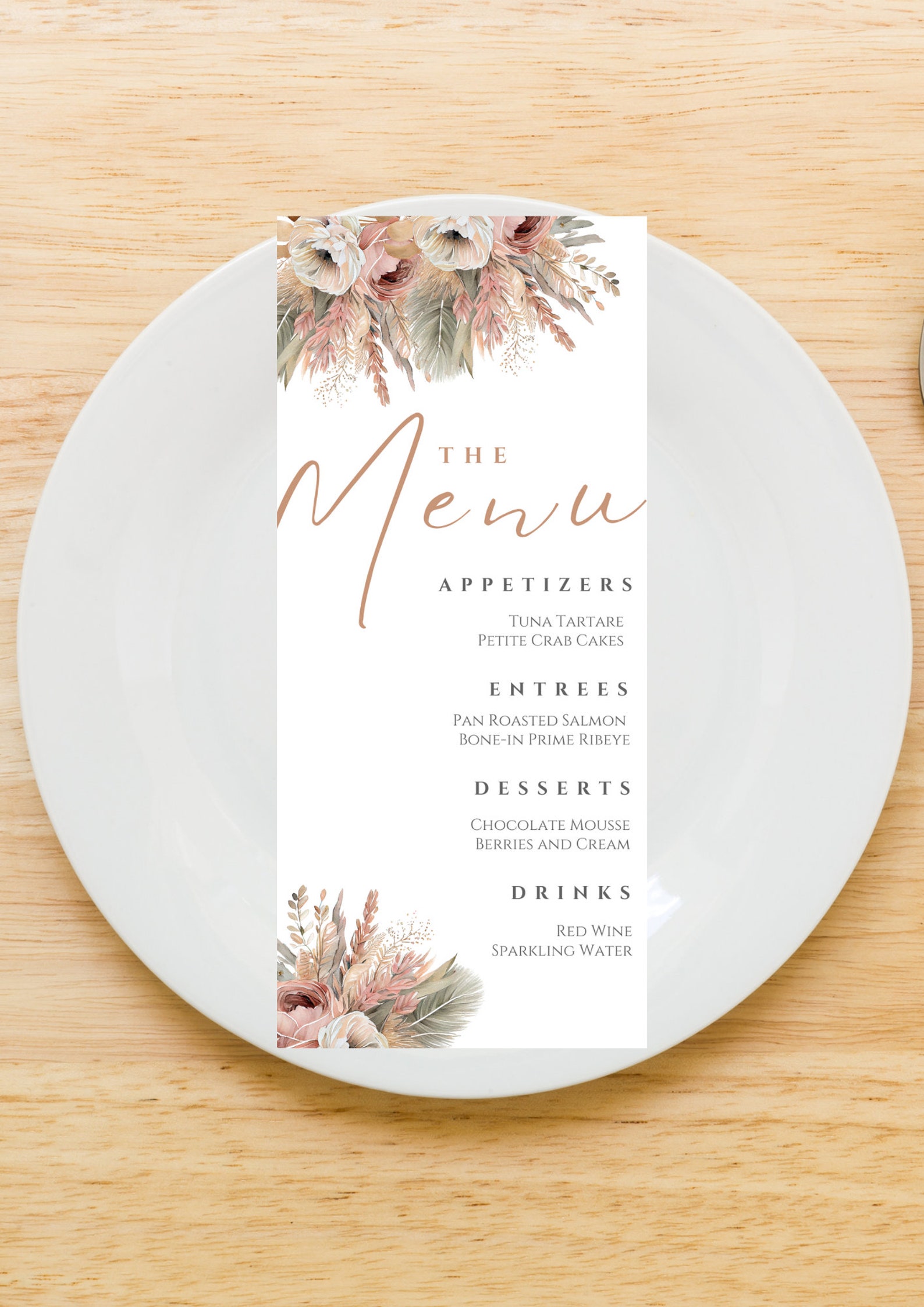 Editable Menu Card Template, Boho Menu Cards, Pampas Grass, Birthday ...