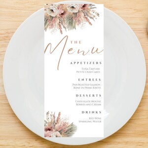 Editable Menu Card Template, Boho Menu Cards, Pampas Grass, Birthday ...