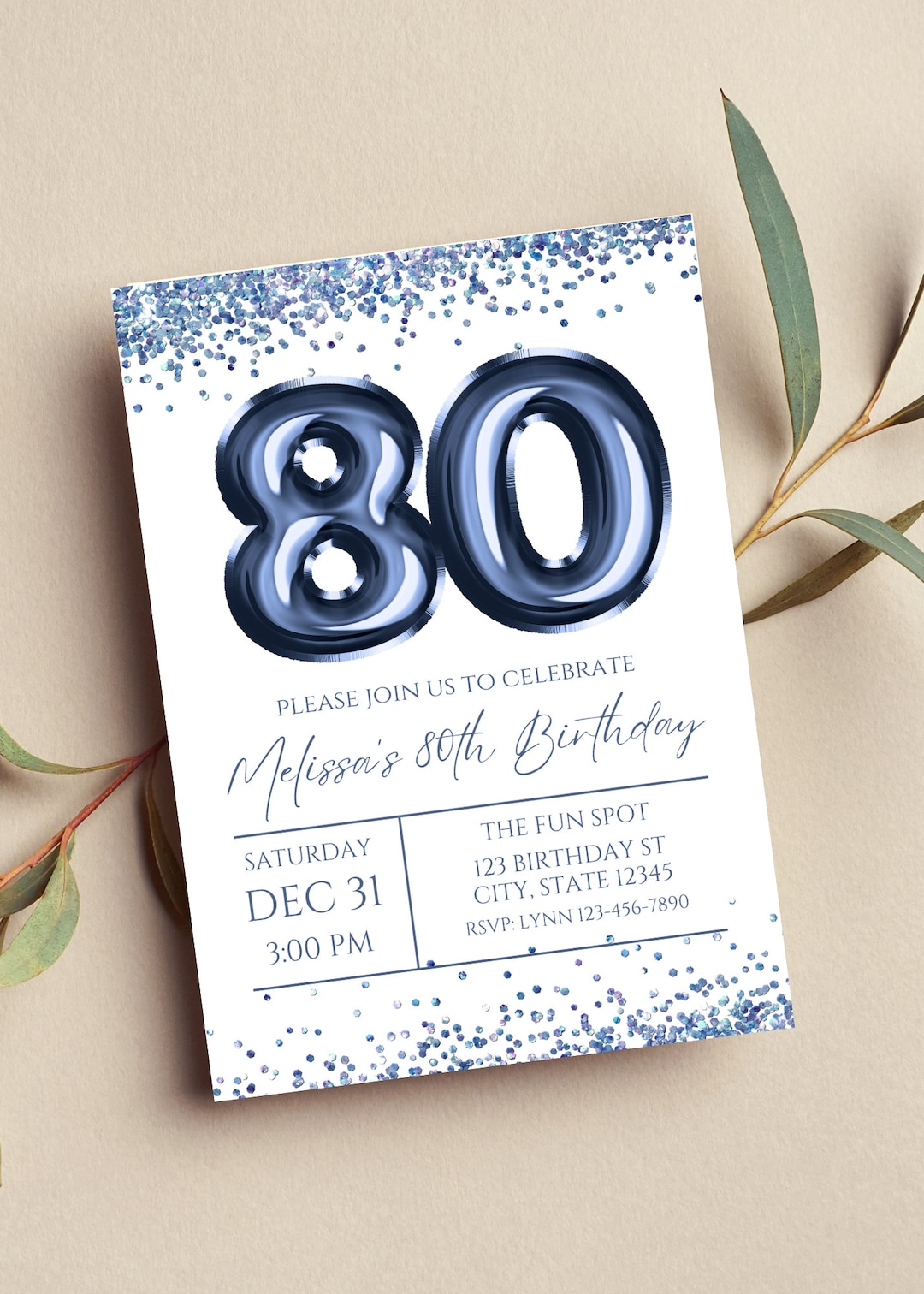 Editable 80th Birthday Invitation, Navy Blue and White Invitation, Navy ...