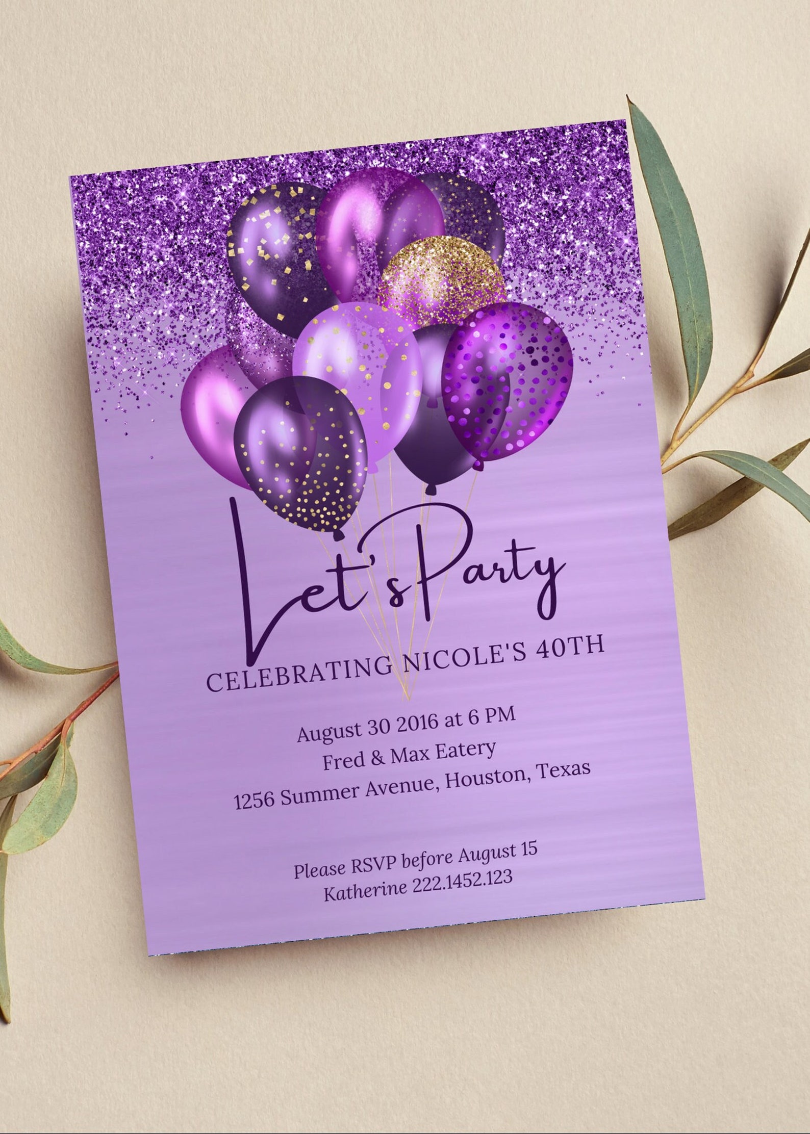 Editable Purple and Gold Birthday Invitation, Let's Party, Printable or ...