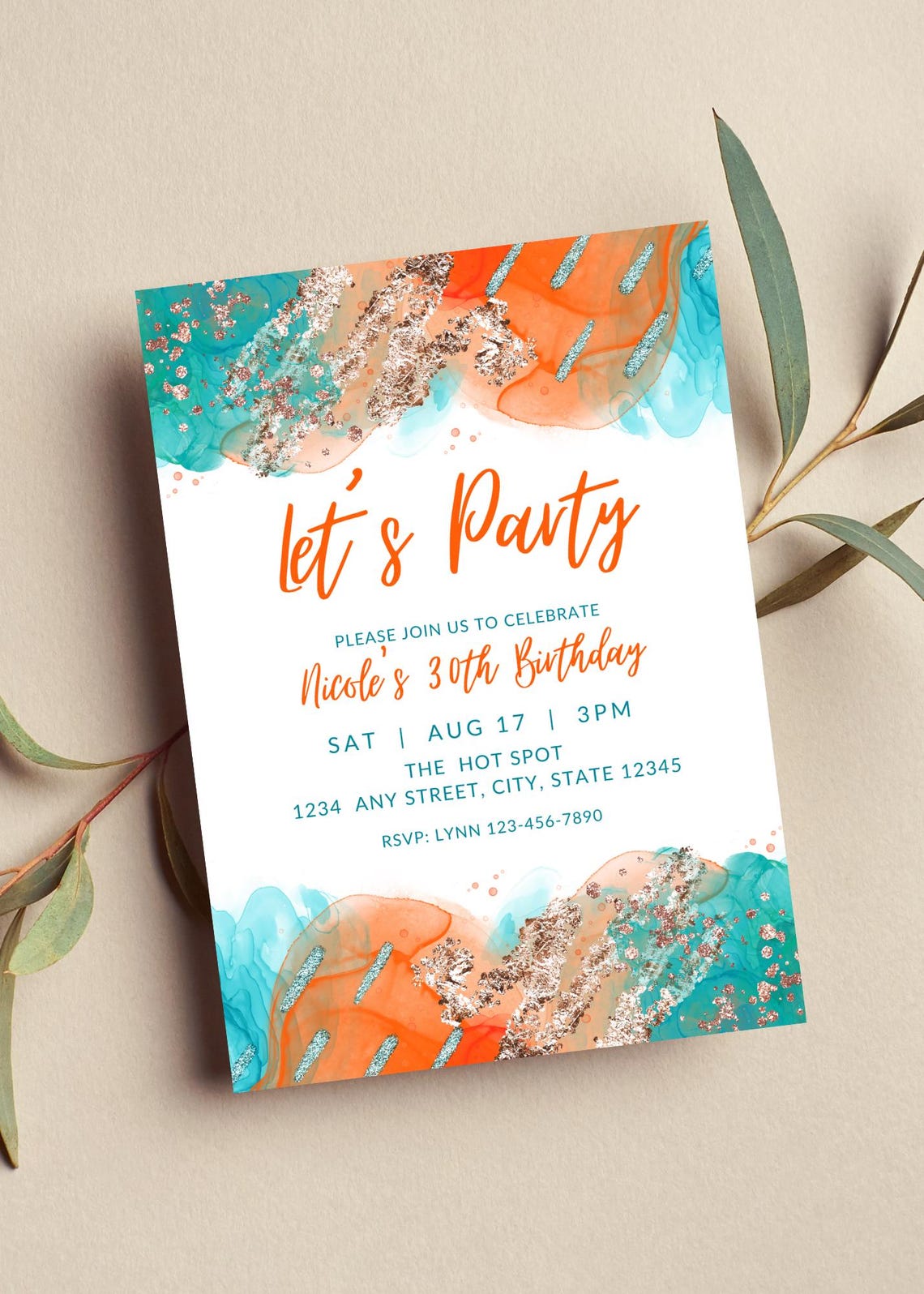 Editable Teal and Orange Birthday Invitation, Let's Party, Printable or ...