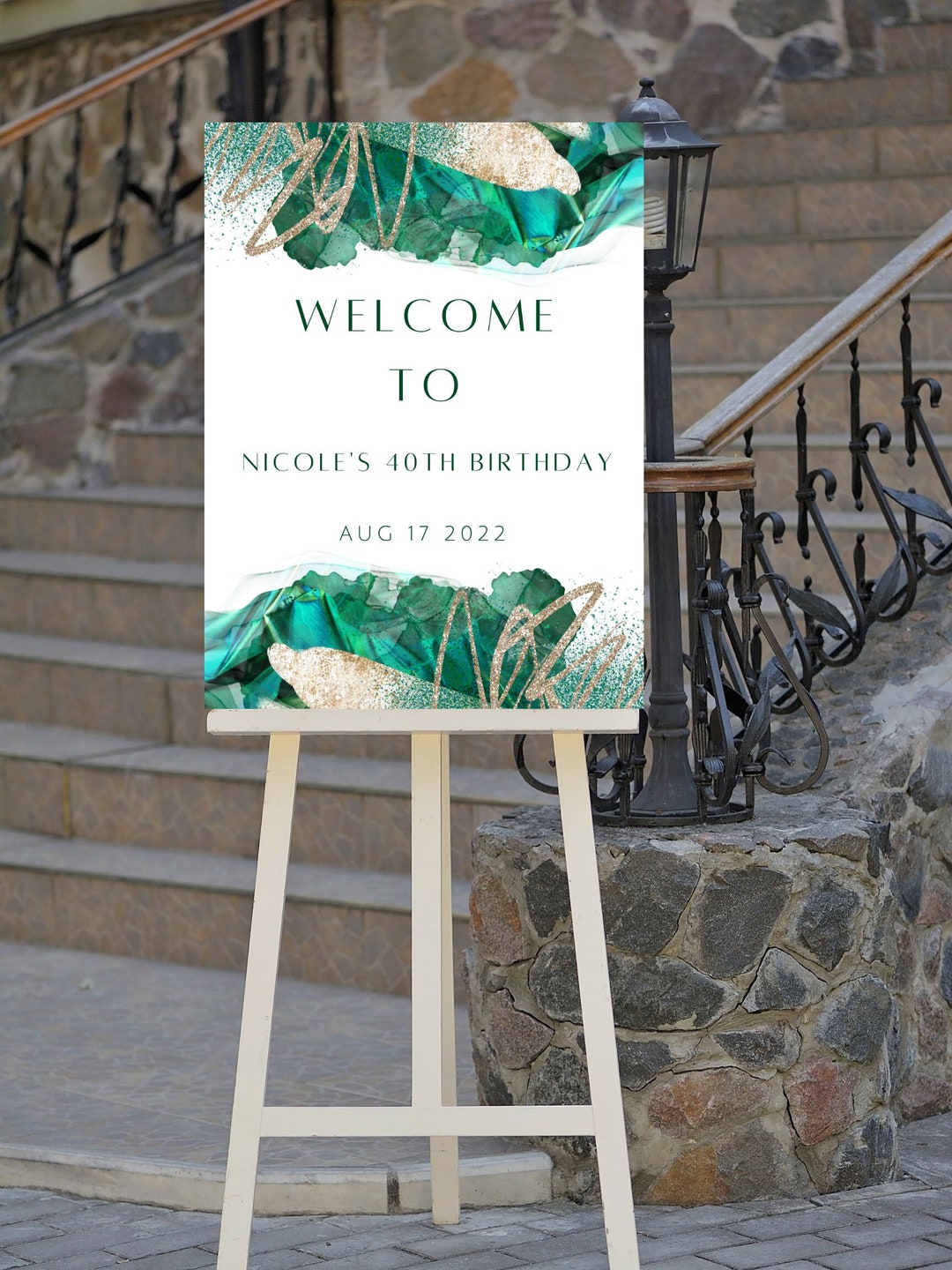 Editable Green, White and Gold Birthday Welcome Sign, Watercolor, Glam ...