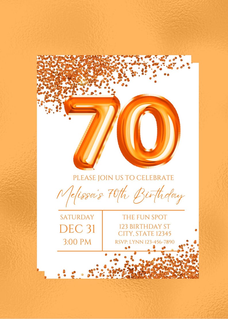 Editable 70th Birthday Invitation, Orange and White Invitation, Orange ...