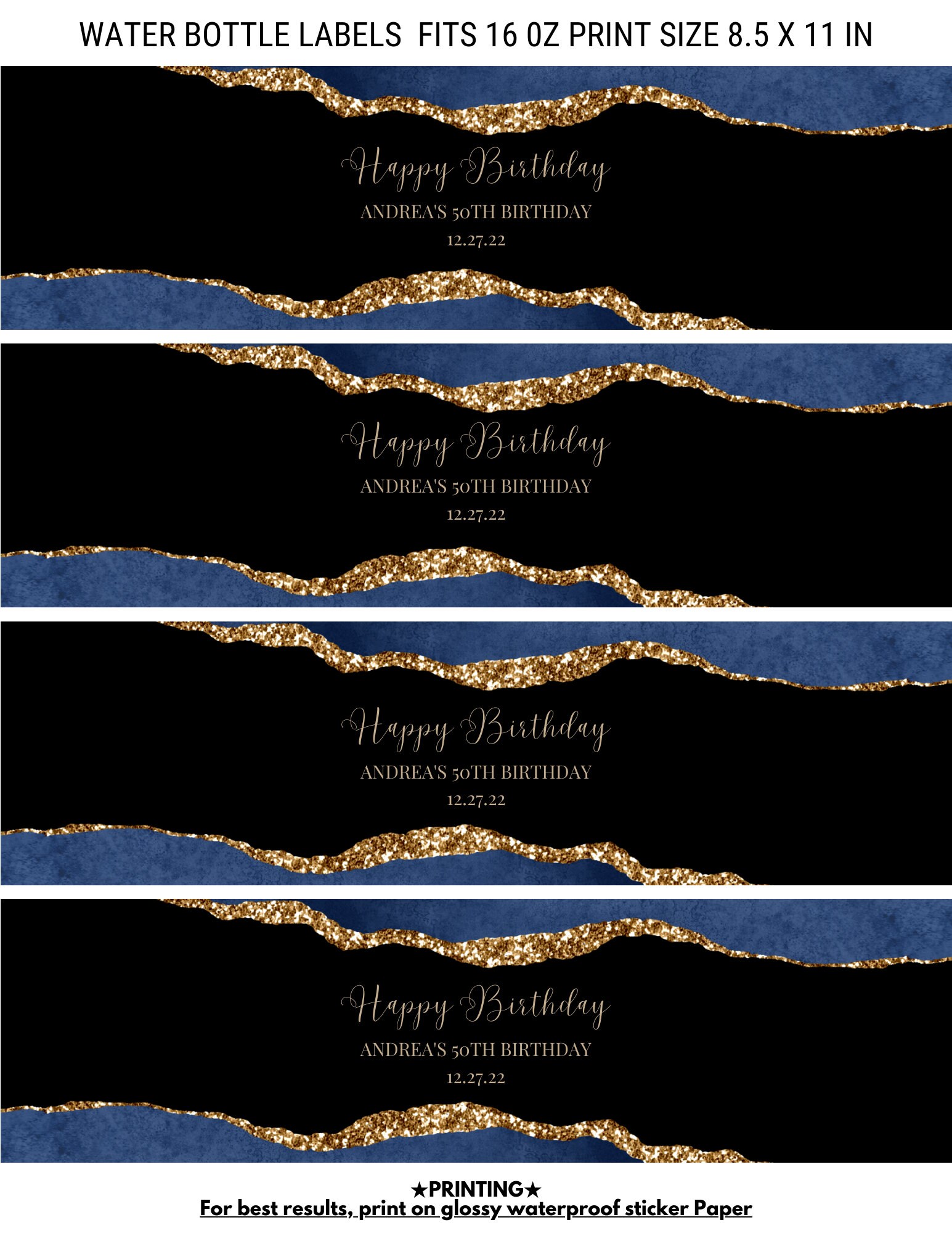 Editable Blue Gold and Black Water Bottle Label Template - Etsy