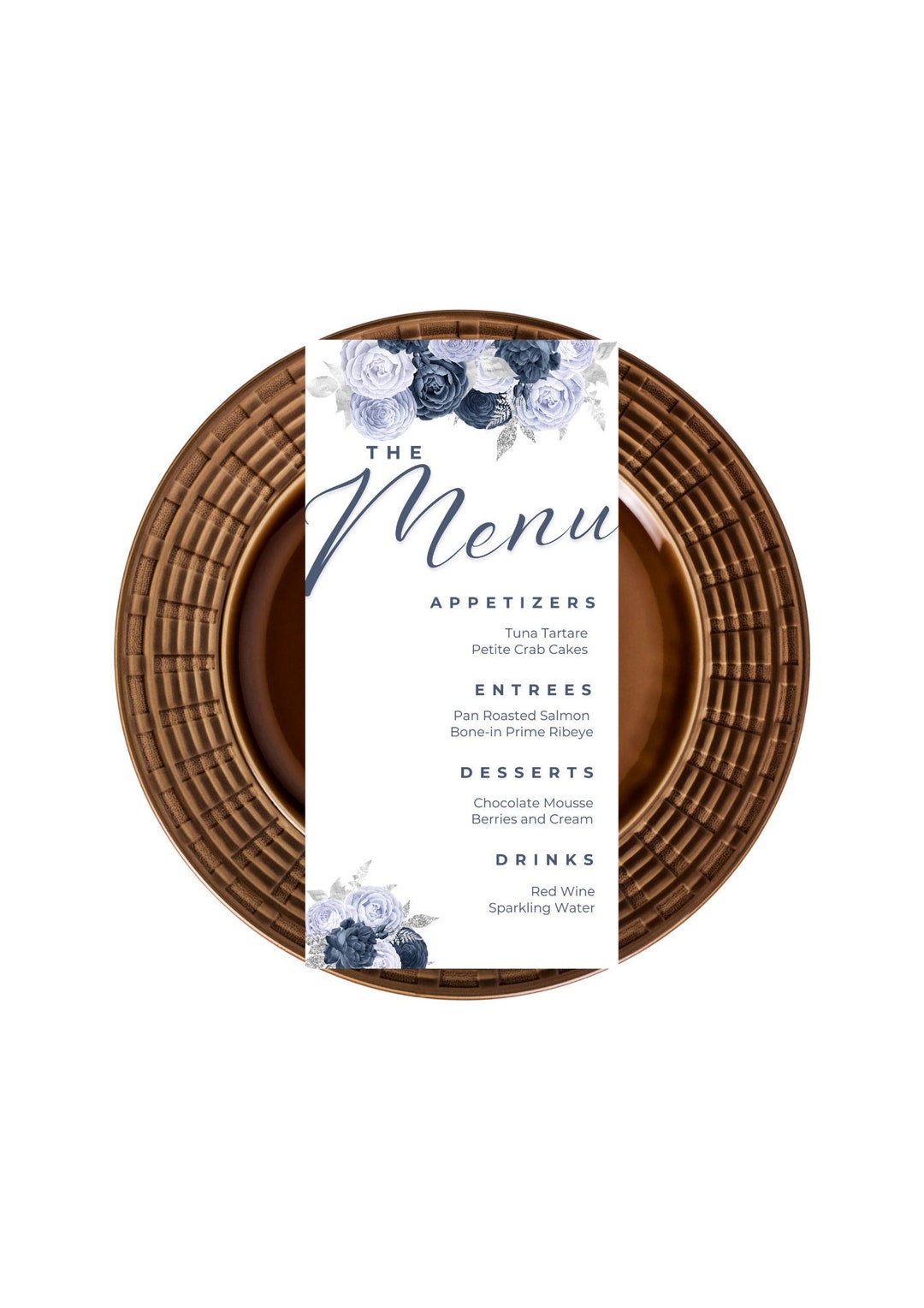 Editable Menu Card Template, Dusty Blue and Silver Menu Cards, Floral ...