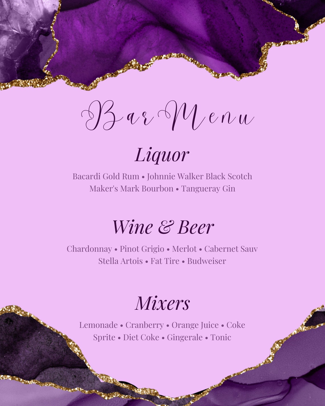 Editable Purple and Gold Bar Menu Card Template Full Size - Etsy