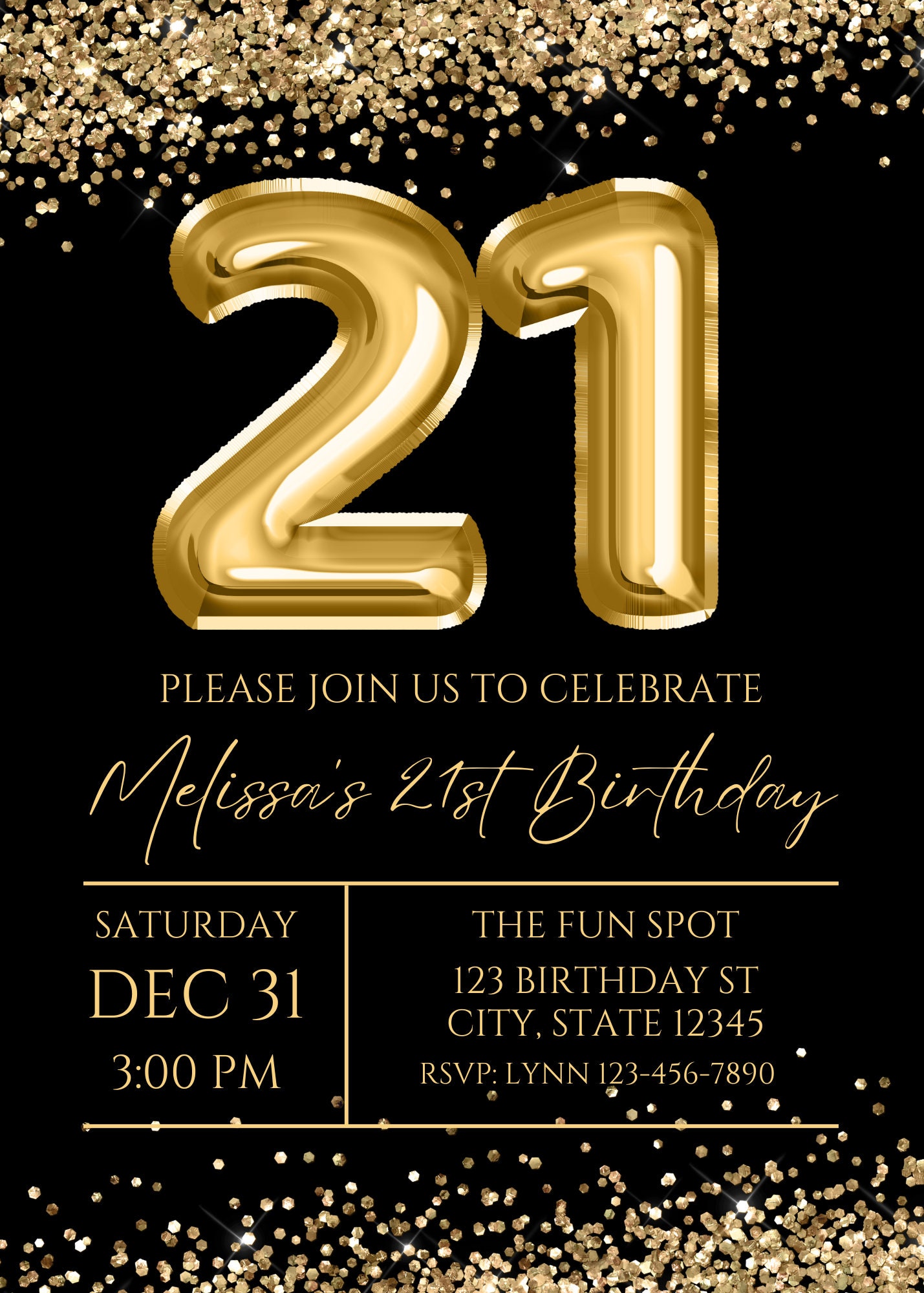 Editable 21st Birthday Invitation, Black and Gold Invitation, Gold 21 ...