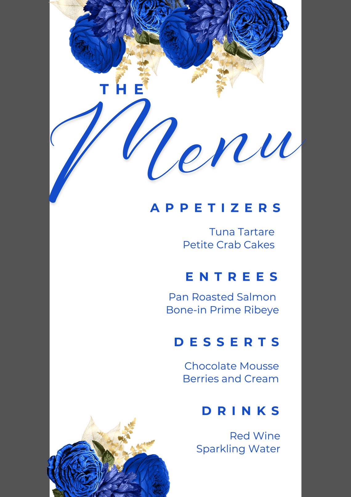 Royal Blue Floral Menu Card, Editable Dinner Table Menu (digital ...
