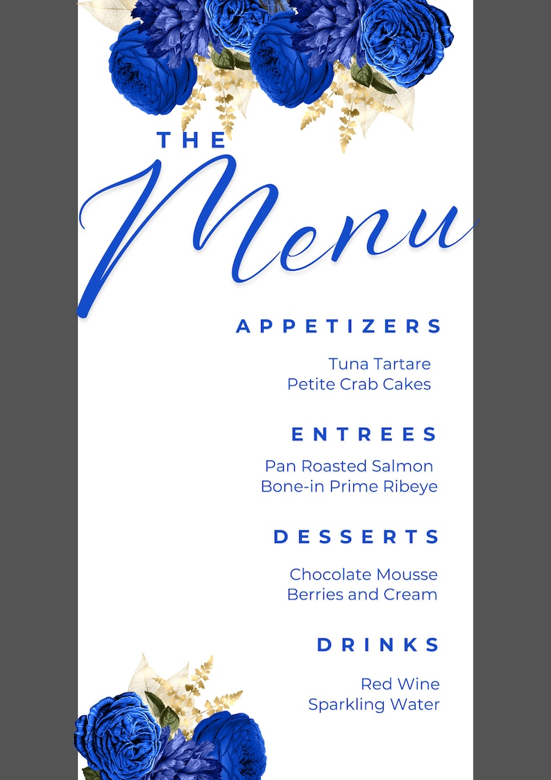 Editable Menu Card Template Royal Blue and Gold Menu Card - Etsy