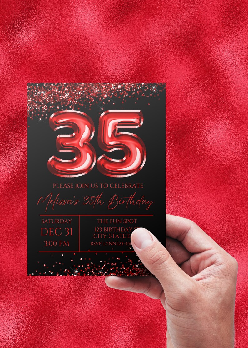 Editable 35th Birthday Invitation, Red and Black Invitation, Red 35 ...