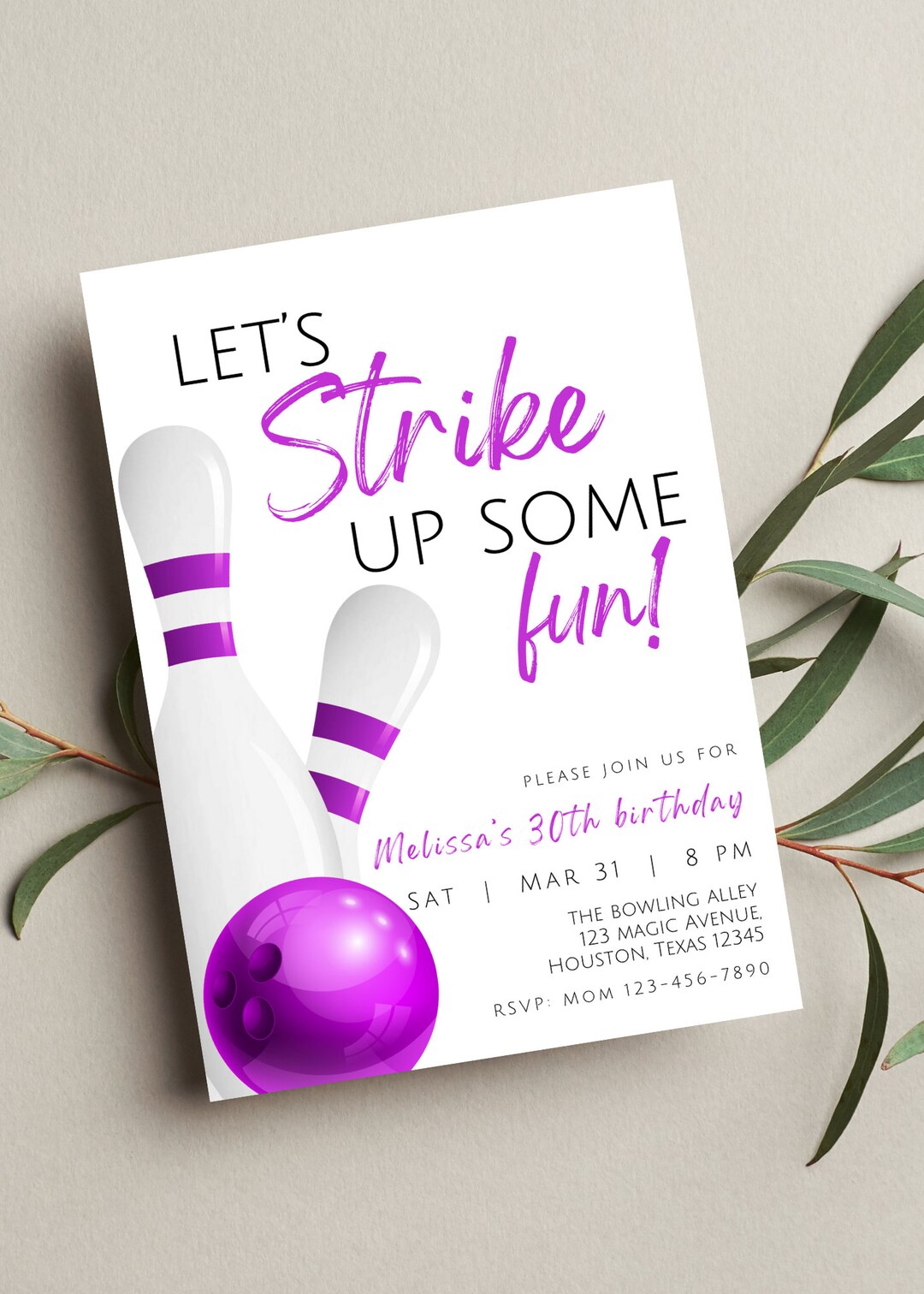 Editable Bowling Birthday Invitation, Let's Strike up Some Fun, Purple ...