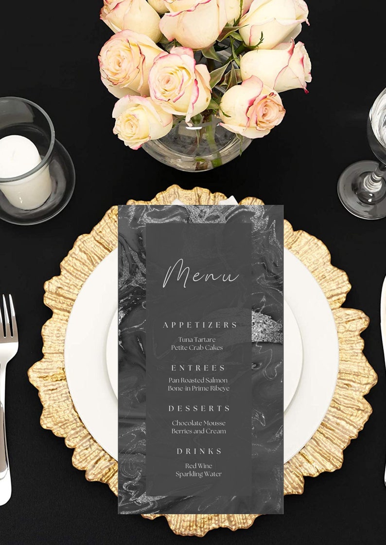 Editable Black and Silver Menu Card Template, Marble Design, Luxury ...