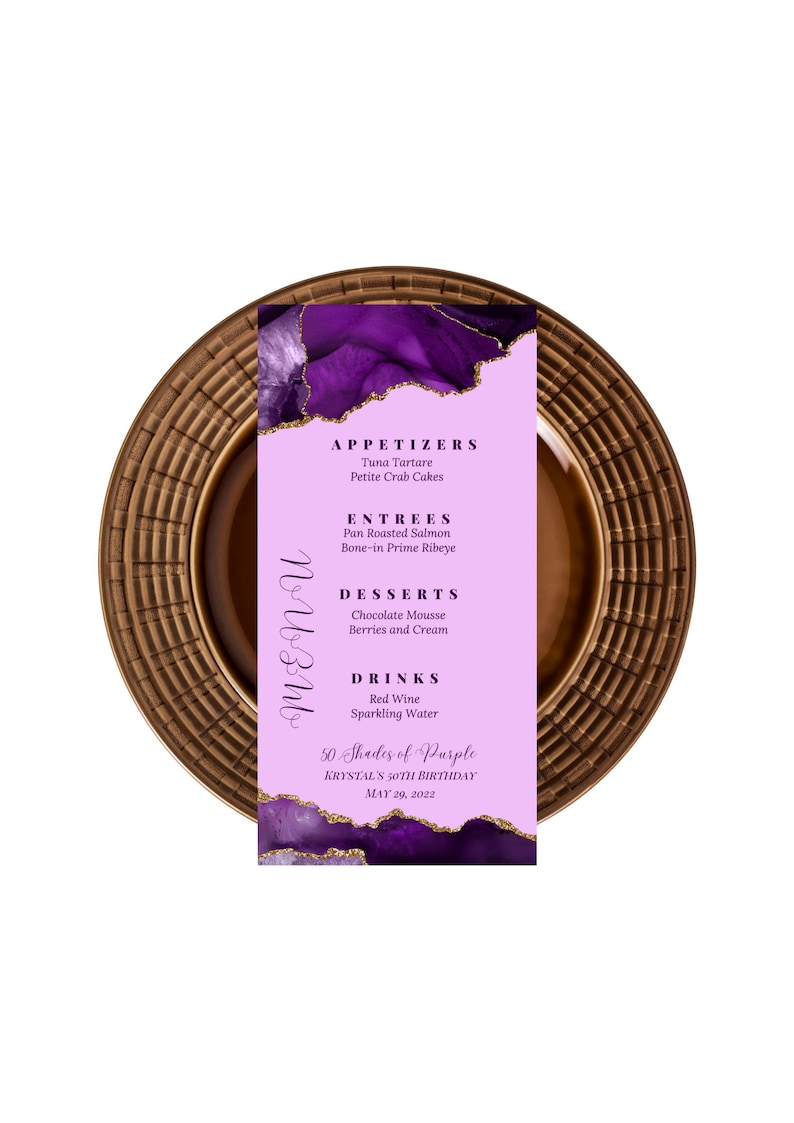 Editable Shades of Purple Menu Card Template, Purple and Gold Menu ...