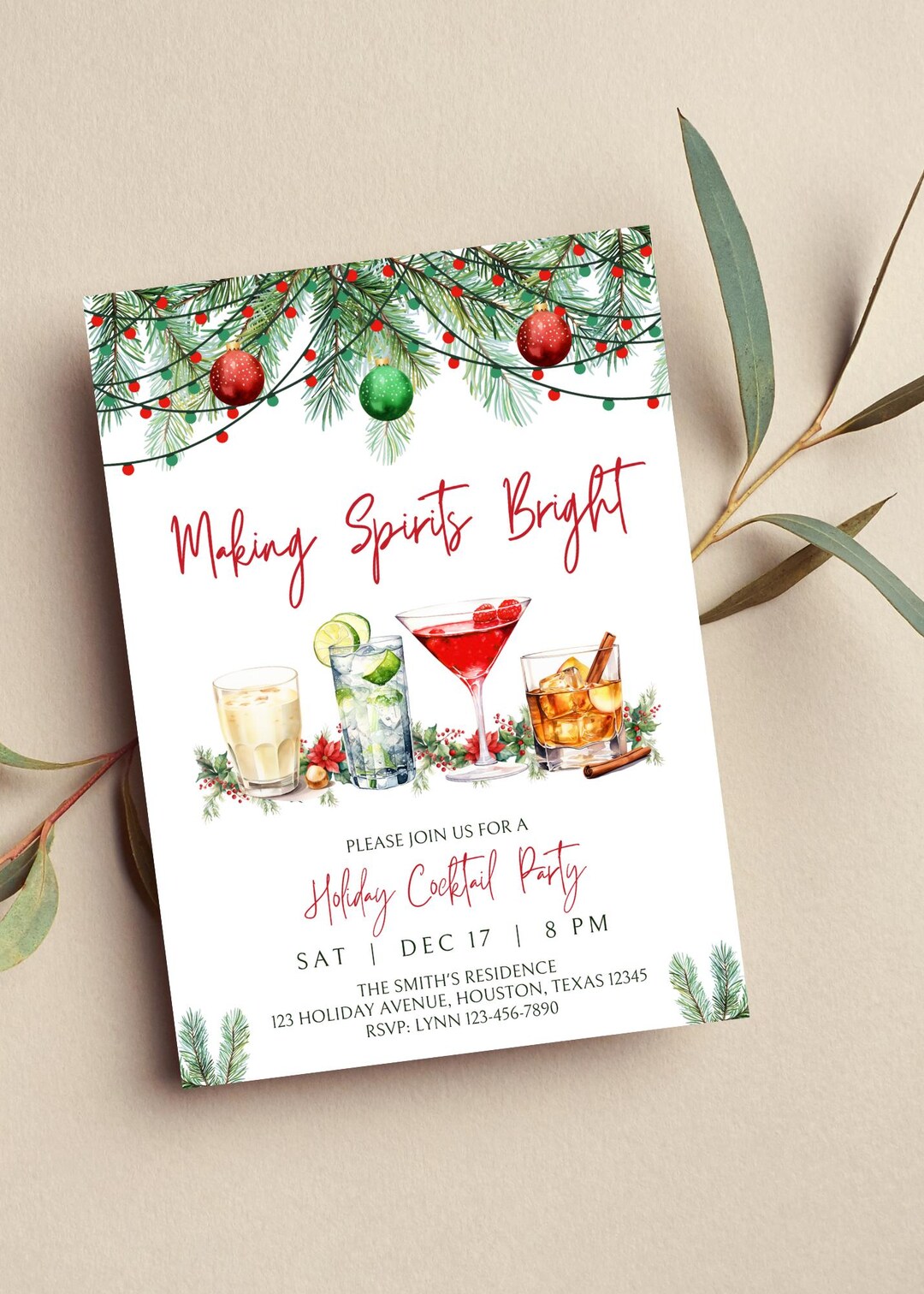 Editable Making Spirits Bright Christmas Invitation, Christmas Cocktail ...