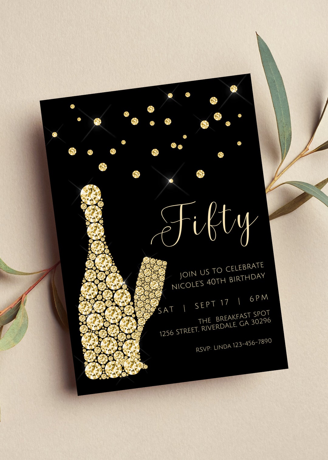 Editable 50th Birthday Invitation, Black and Gold Birthday Invitation ...