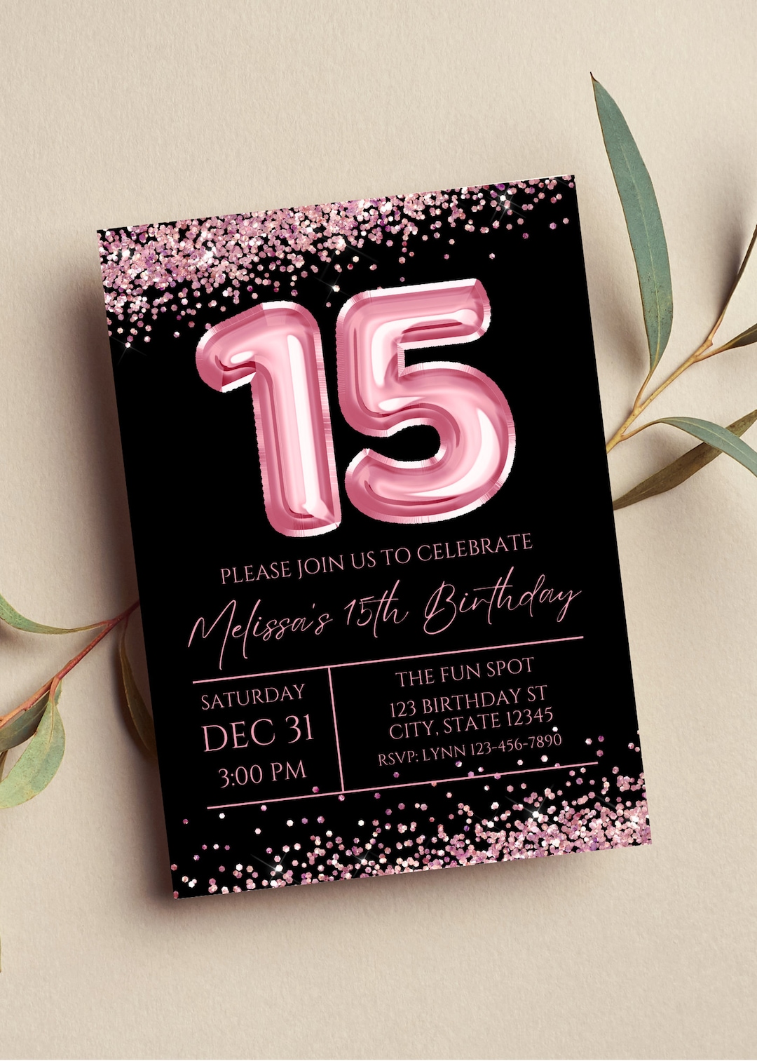Editable 15th Birthday Invitation, Pink and Black Invitation, Pink 15 ...