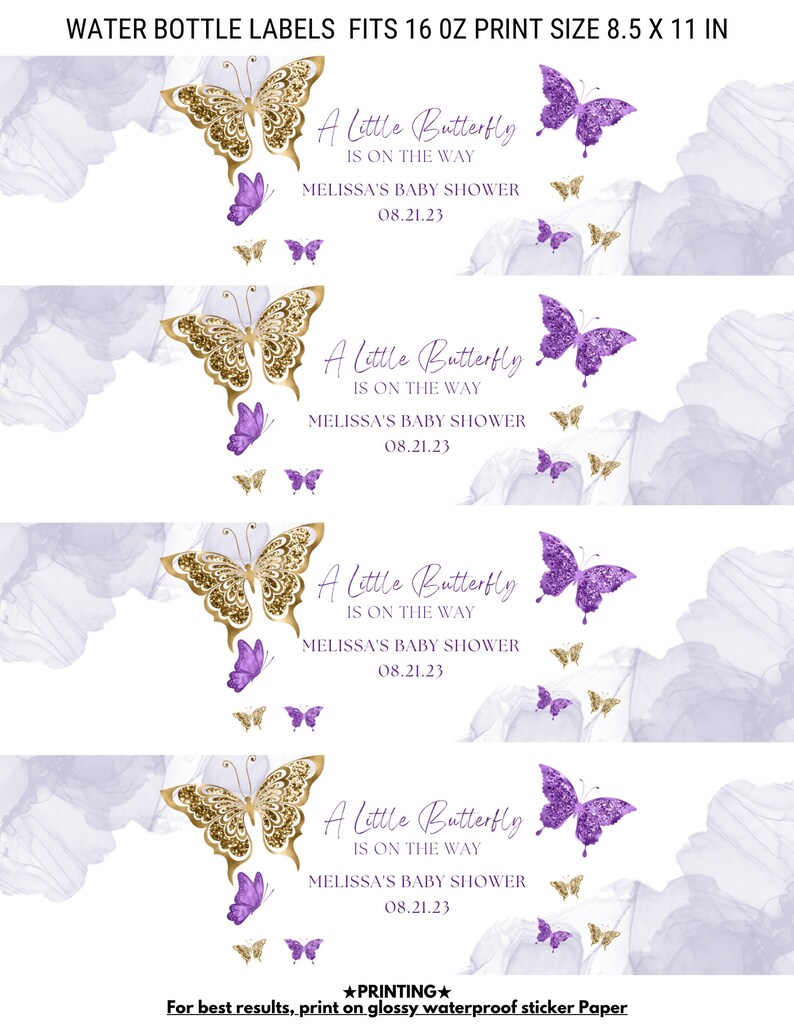 Editable Butterfly Water Bottle Label Template Purple and - Etsy