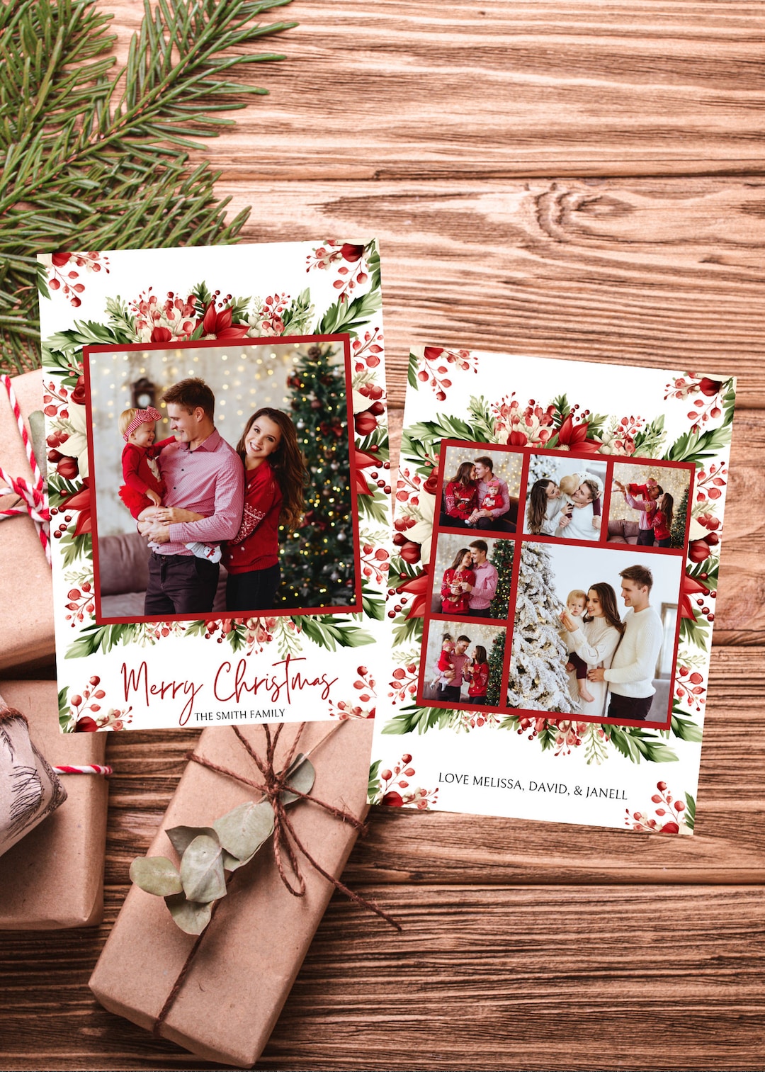 Christmas Photo Card Template, Editable Holiday Card, Floral, Printable ...