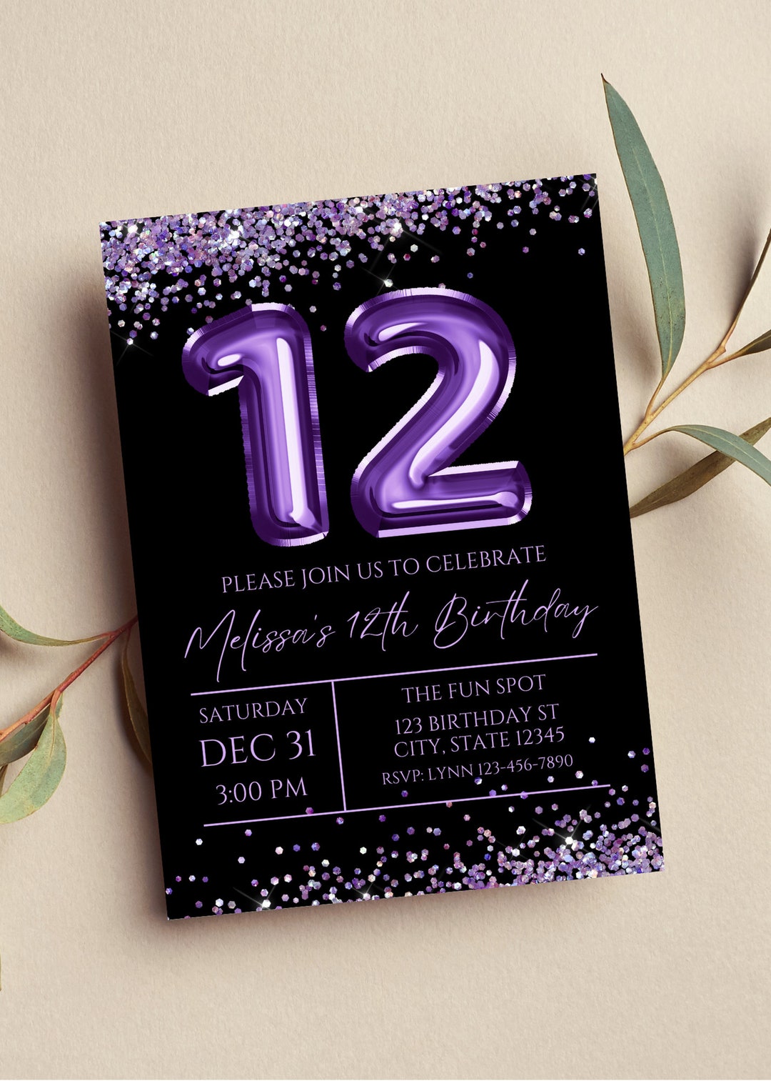 Editable 12th Birthday Invitation, Purple and Black Invitation, Purple ...