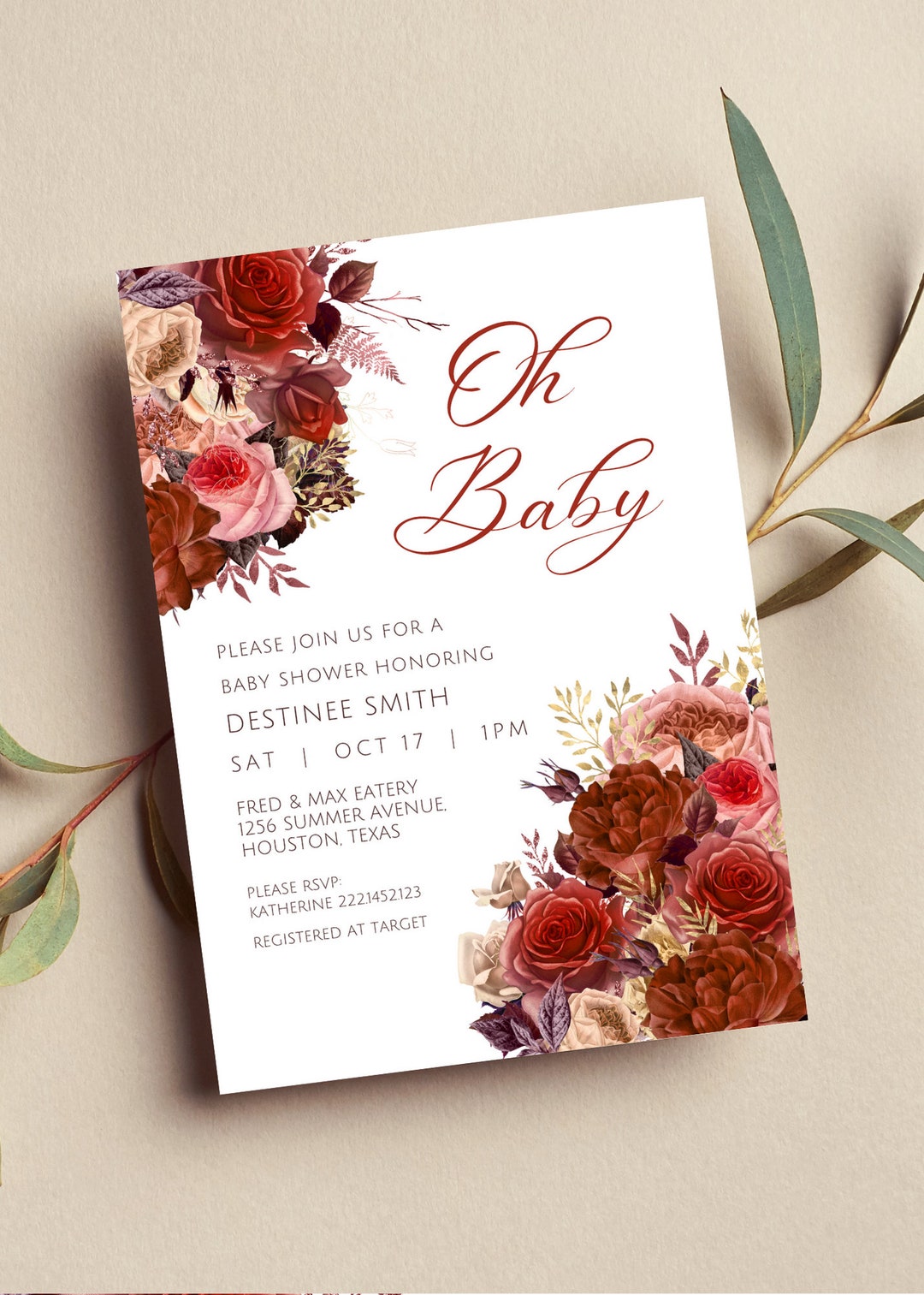 Editable Fall Baby Shower Invitation, Autumn, Rustic Floral Baby Shower ...