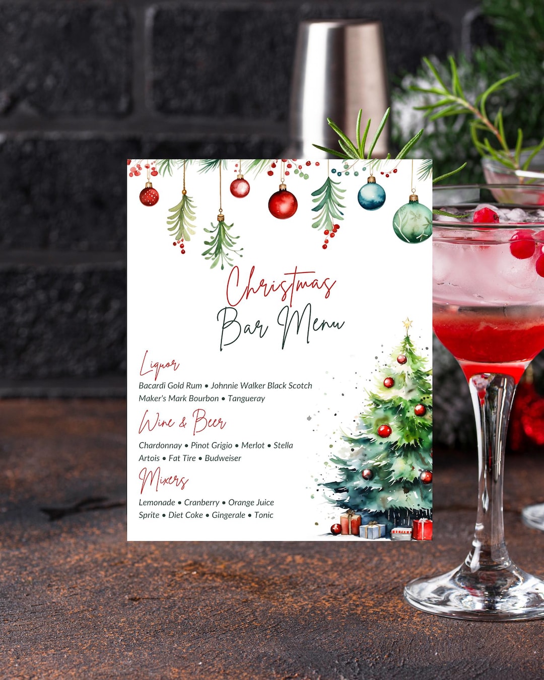 Editable Christmas Cocktail Menu, Holiday Drink Menu, Christmas Bar ...
