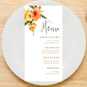 Editable Menu Card Template, Orange and Yellow Menu Cards, Floral ...