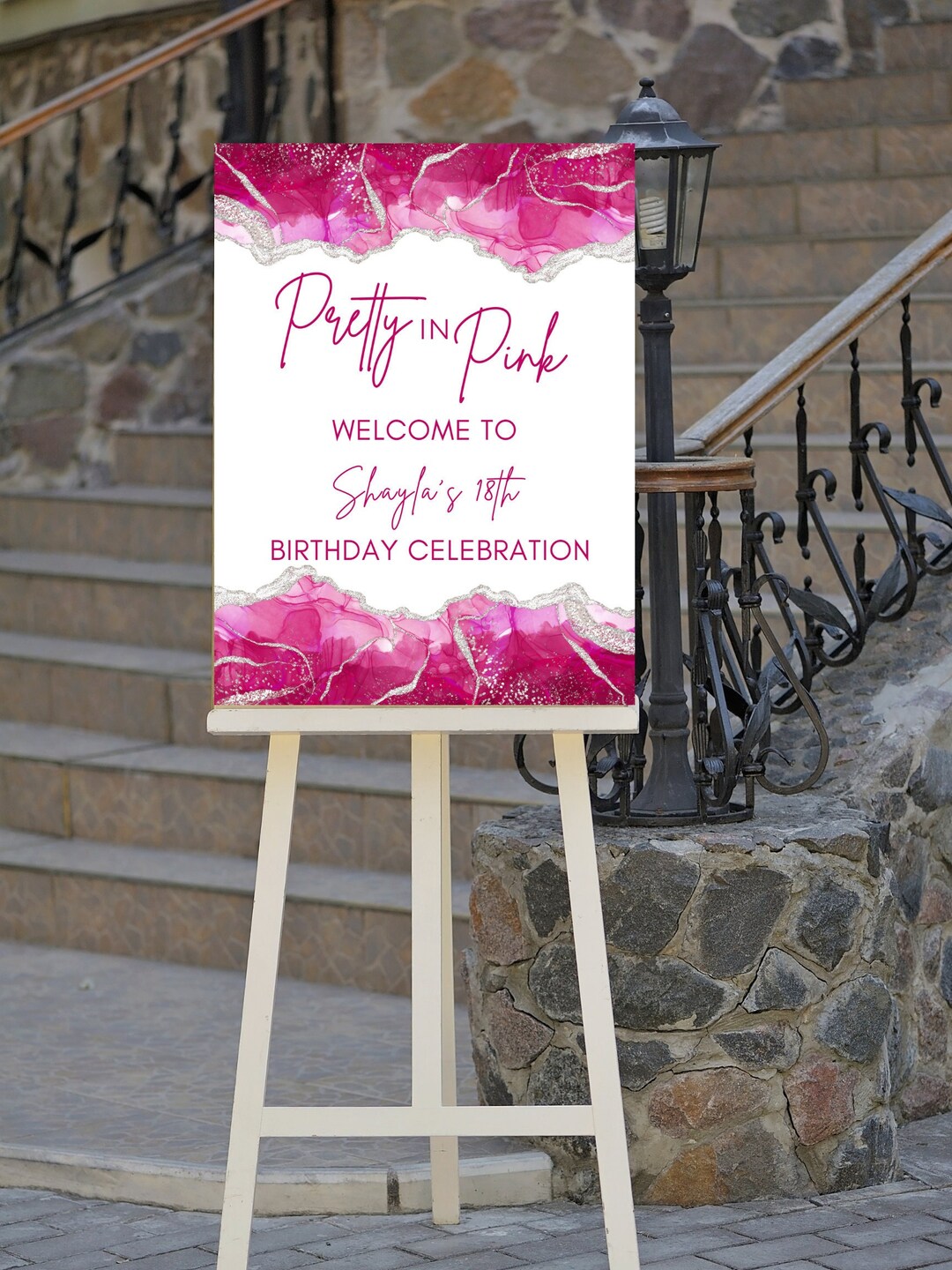 Editable Pretty in Pink Birthday Welcome Sign, Hot Pink, Silver and ...