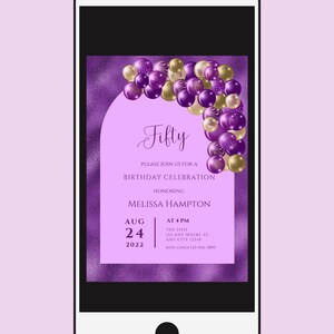 Editable Purple and Gold Birthday Invitation, Purple and Gold Balloon ...