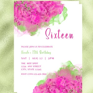 Editable Pink and Green Invitation, Birthday Invitation, Glam, Abstract ...