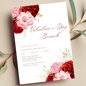 Editable Valentine's Day Brunch Invitation, Pink and Red, Floral ...