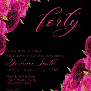Editable Hot Pink, Gold, and Black Birthday Invitation, Floral Invite ...