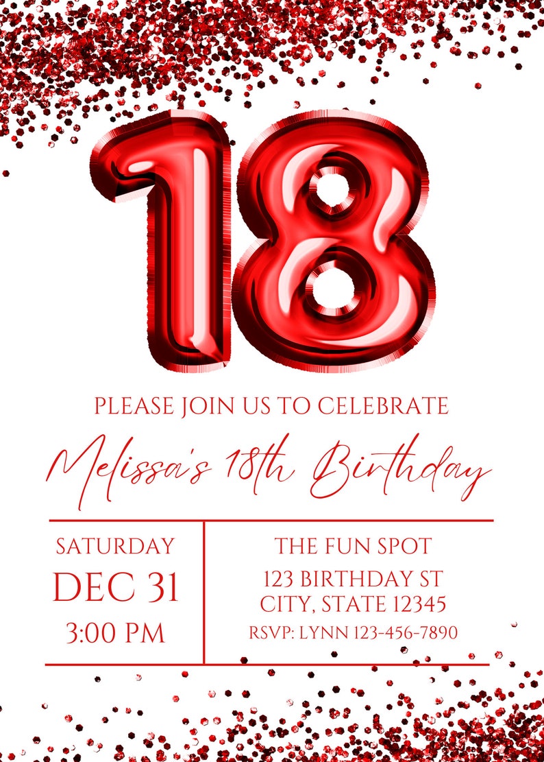 Editable 18th Birthday Invitation Red and White Invitation - Etsy