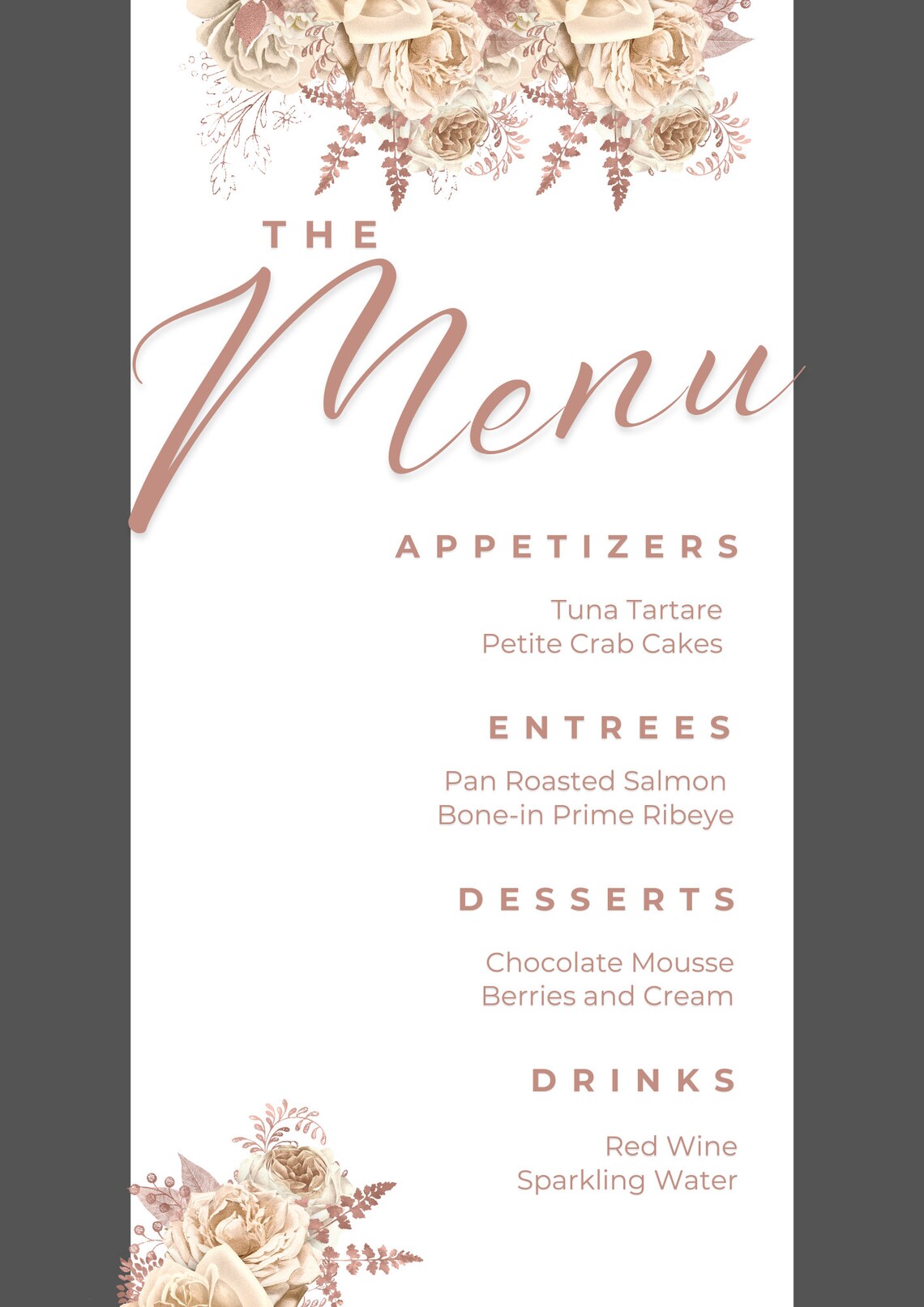 Editable Menu Card Template Ivory and Rose Gold Menu Card - Etsy