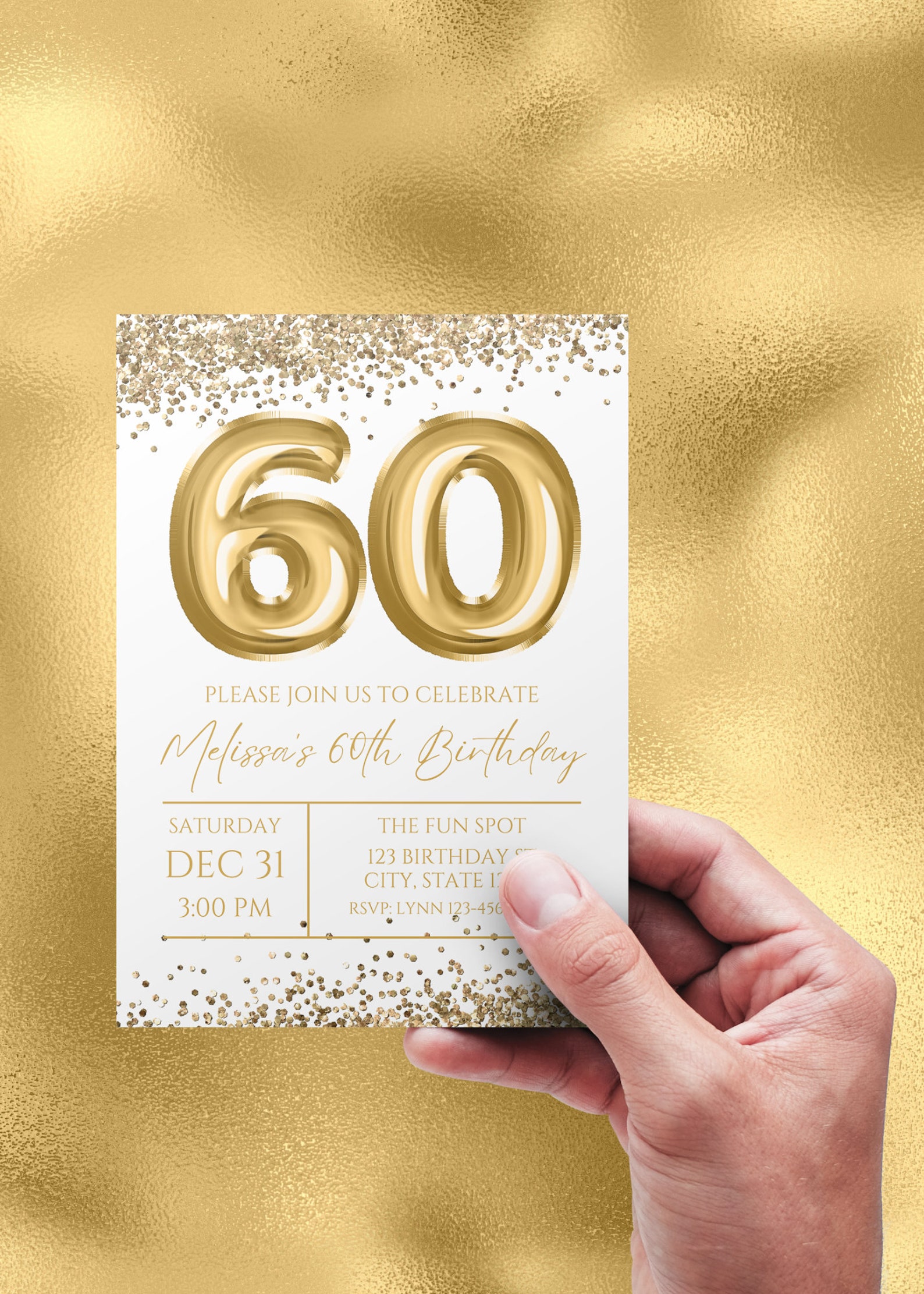 Editable 60th Birthday Invitation, White and Gold Invitation, Gold 60 ...