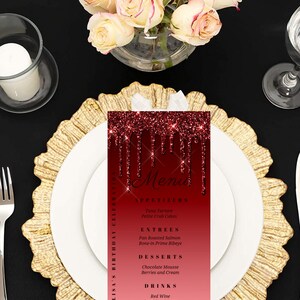 Editable Red Menu Card Template, Red Glitter Drip Menu Cards, Birthday ...