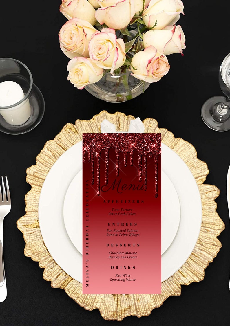 Editable Red Menu Card Template Red Glitter Drip Menu Card - Etsy