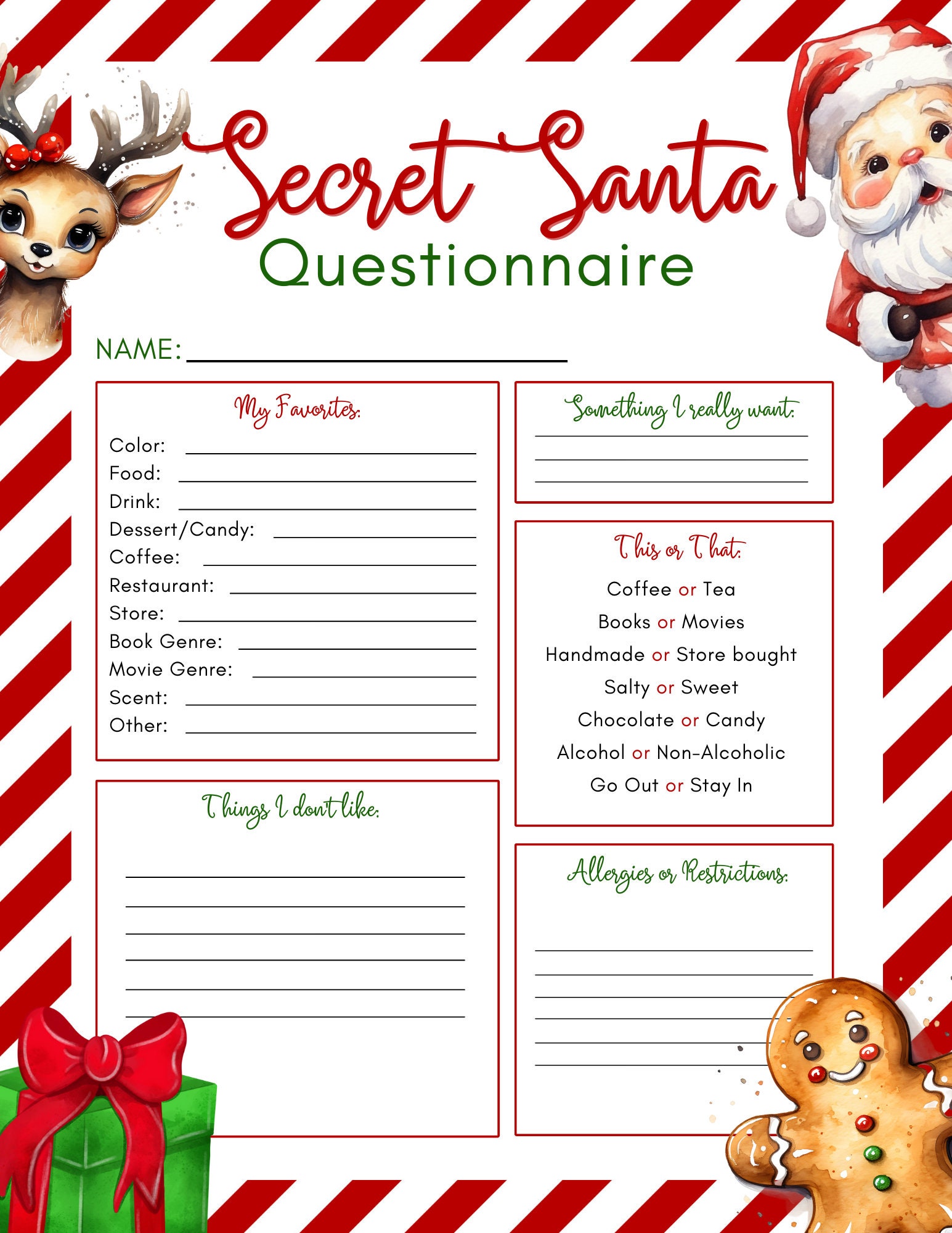Secret Santa Questionnaire Printable, Instant Download, Gift Exchange ...