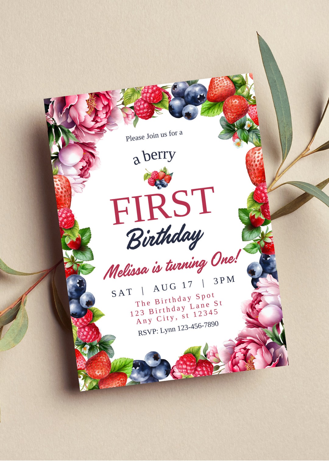 A Berry First Birthday Invitation, Editable 1st Birthday Party Template ...