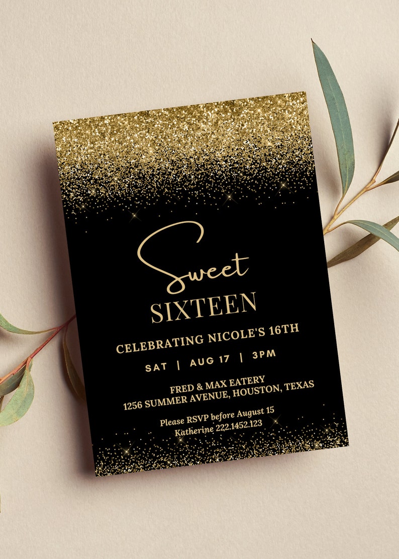 Editable Gold Glitter Sweet 16 Invitation (digital Download) - Etsy UK