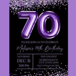 Editable 70th Birthday Invitation, Purple and Black Invitation, Purple ...