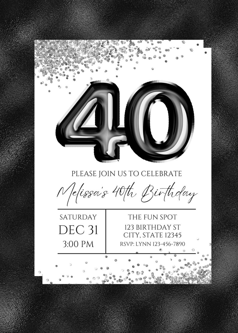 Editable 40th Birthday Invitation, Black and White Invitation, Black 40 ...