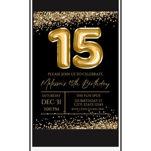 Editable 15th Birthday Invitation, Gold and Black Invitation, Gold 15 ...