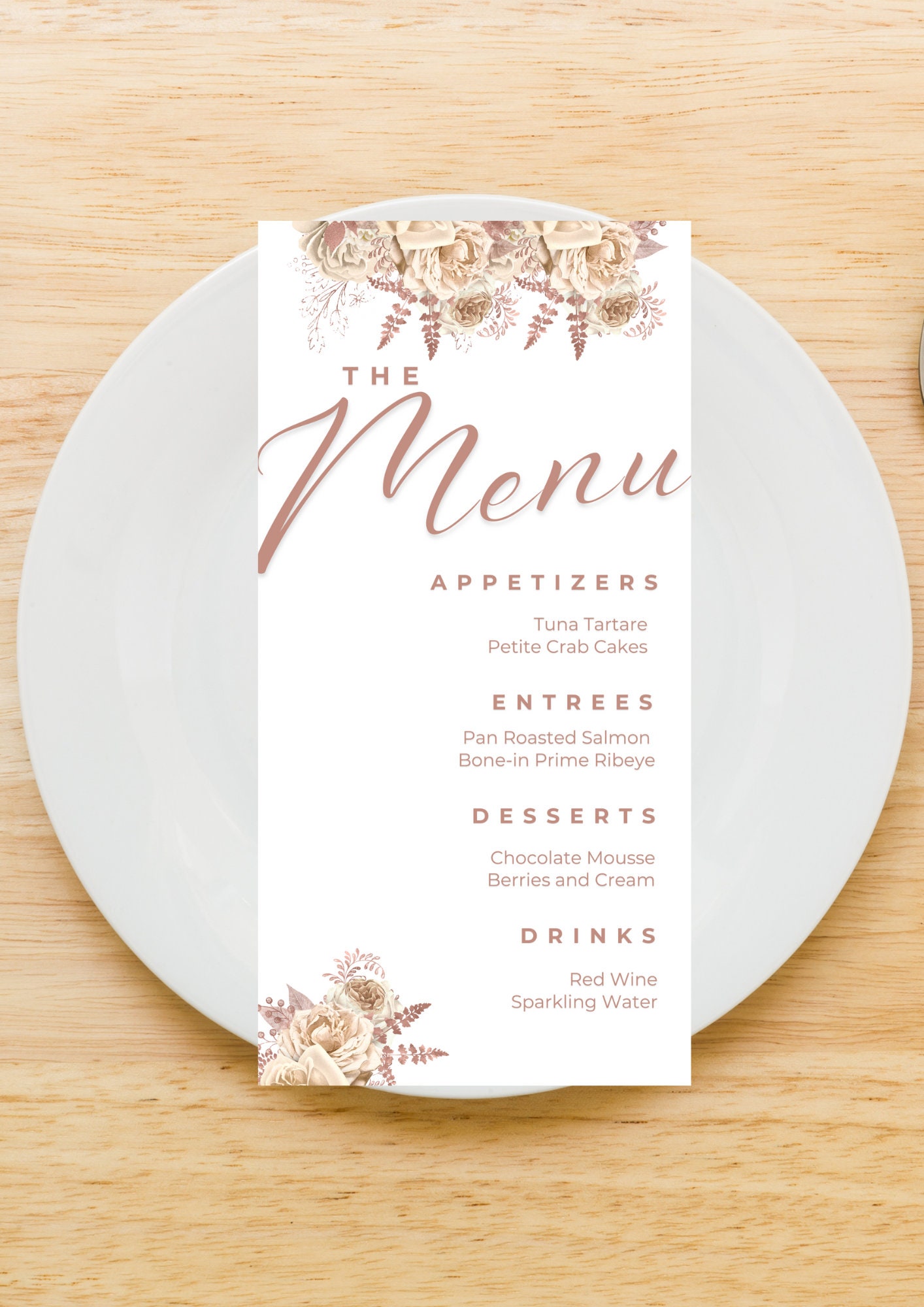 Editable Menu Card Template, Ivory and Rose Gold Menu Cards, Floral ...