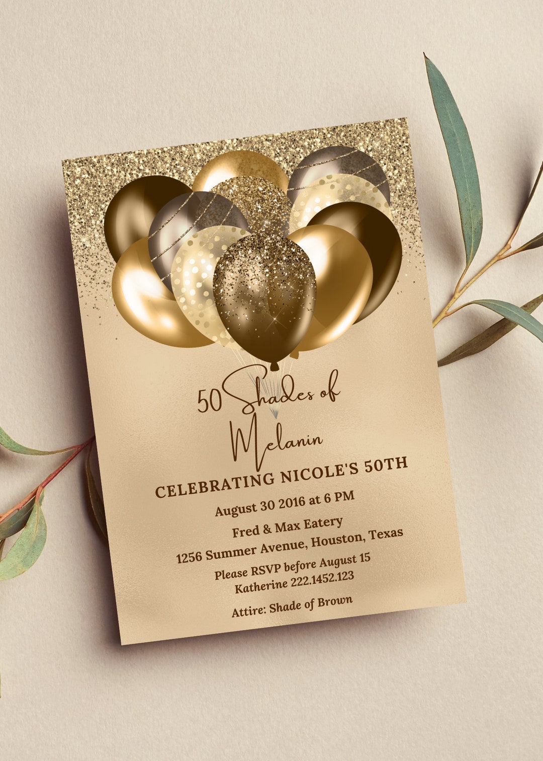 Editable Shades of Melanin Birthday Invitation, Brown and Gold Invite ...