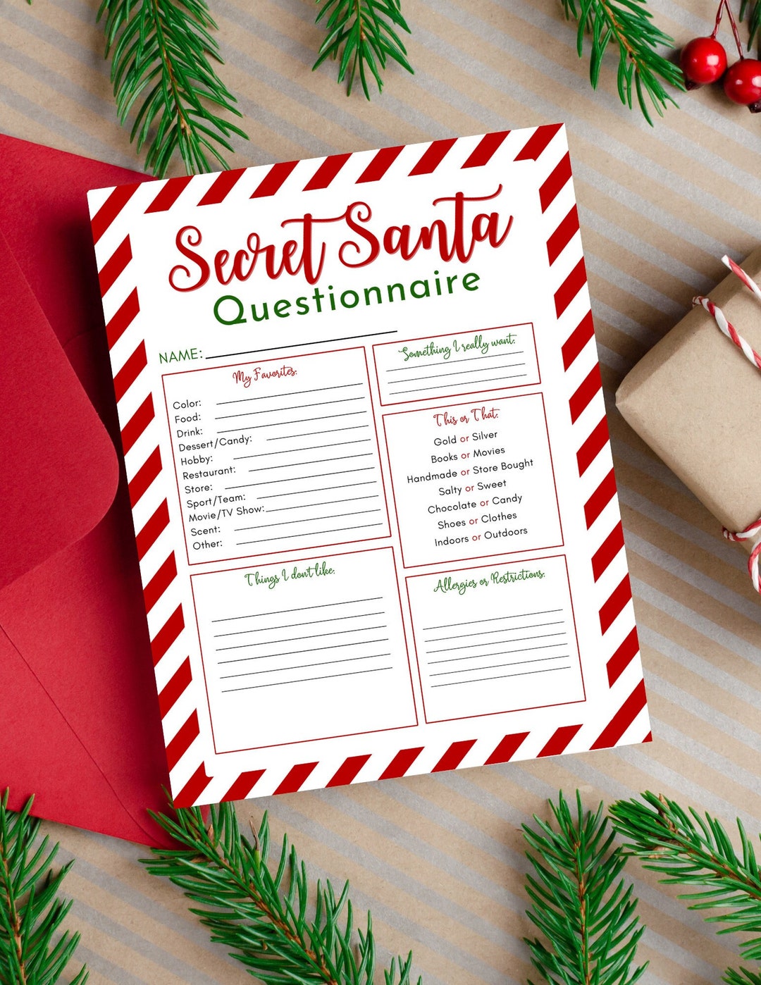 Printable Secret Santa Questionnaire Simple, Gift Exchange Survey - Etsy