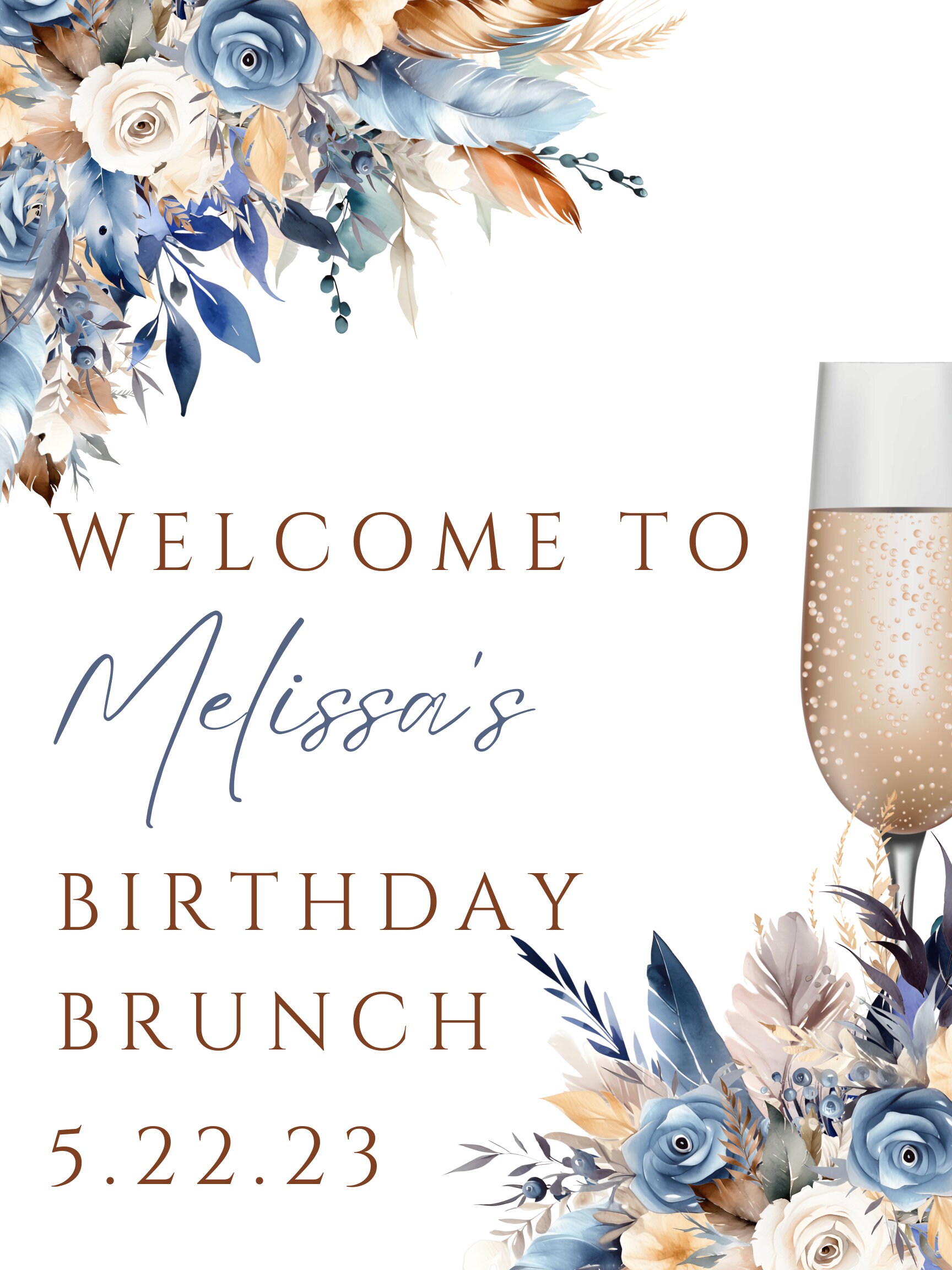 Editable Blue Boho Brunch Welcome Sign, Pampas, Boho Floral, Bridal ...