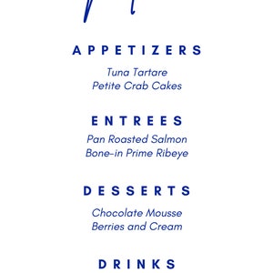 Editable Menu Card Template, Royal Blue and White, Birthday, Dinner ...