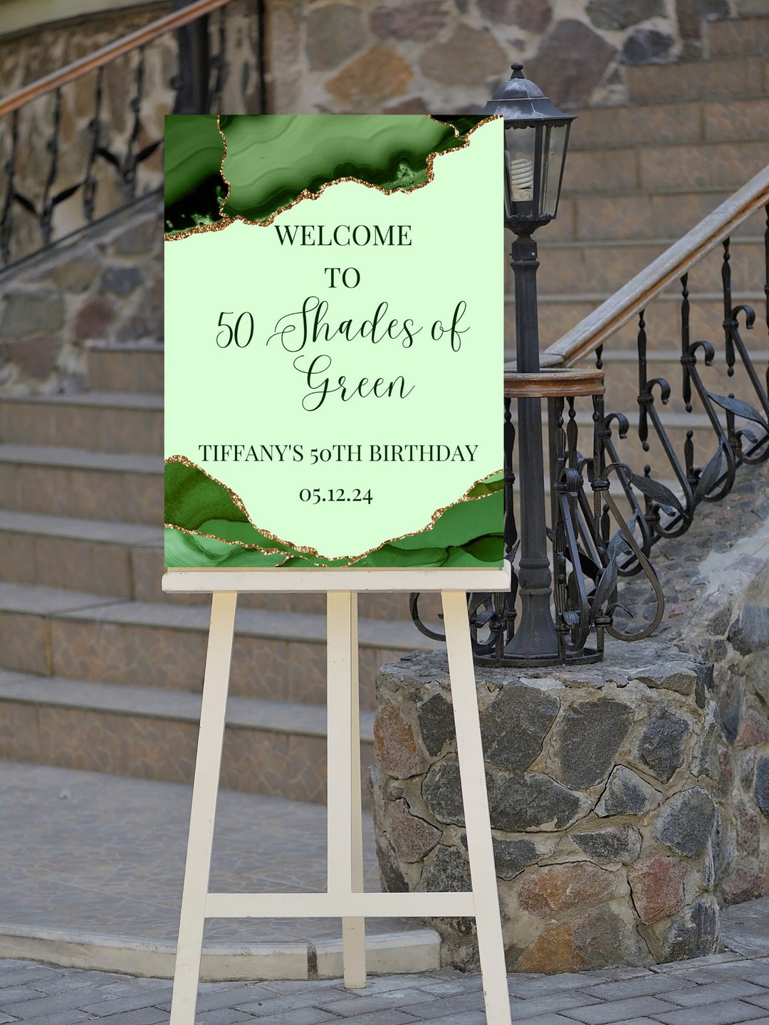 Editable Shades of Green Birthday Welcome Sign, Green and Gold Birthday ...