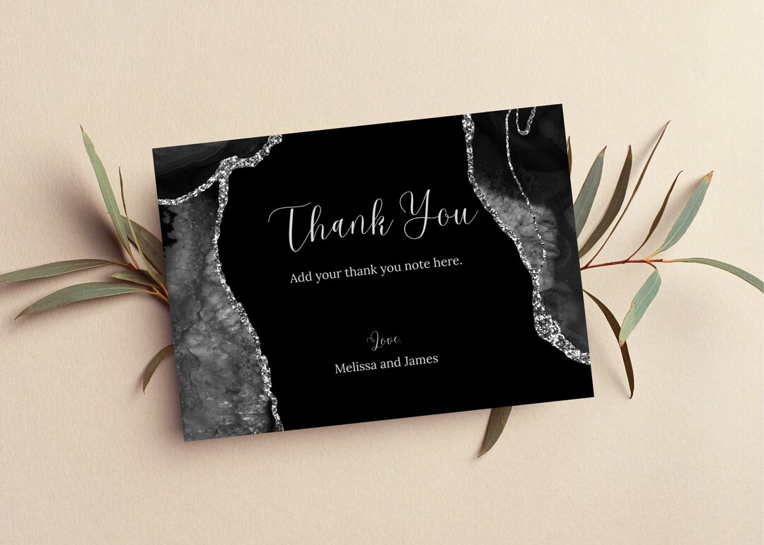 Printable Thank You Card, Editable Black and Silver Thank You Note ...