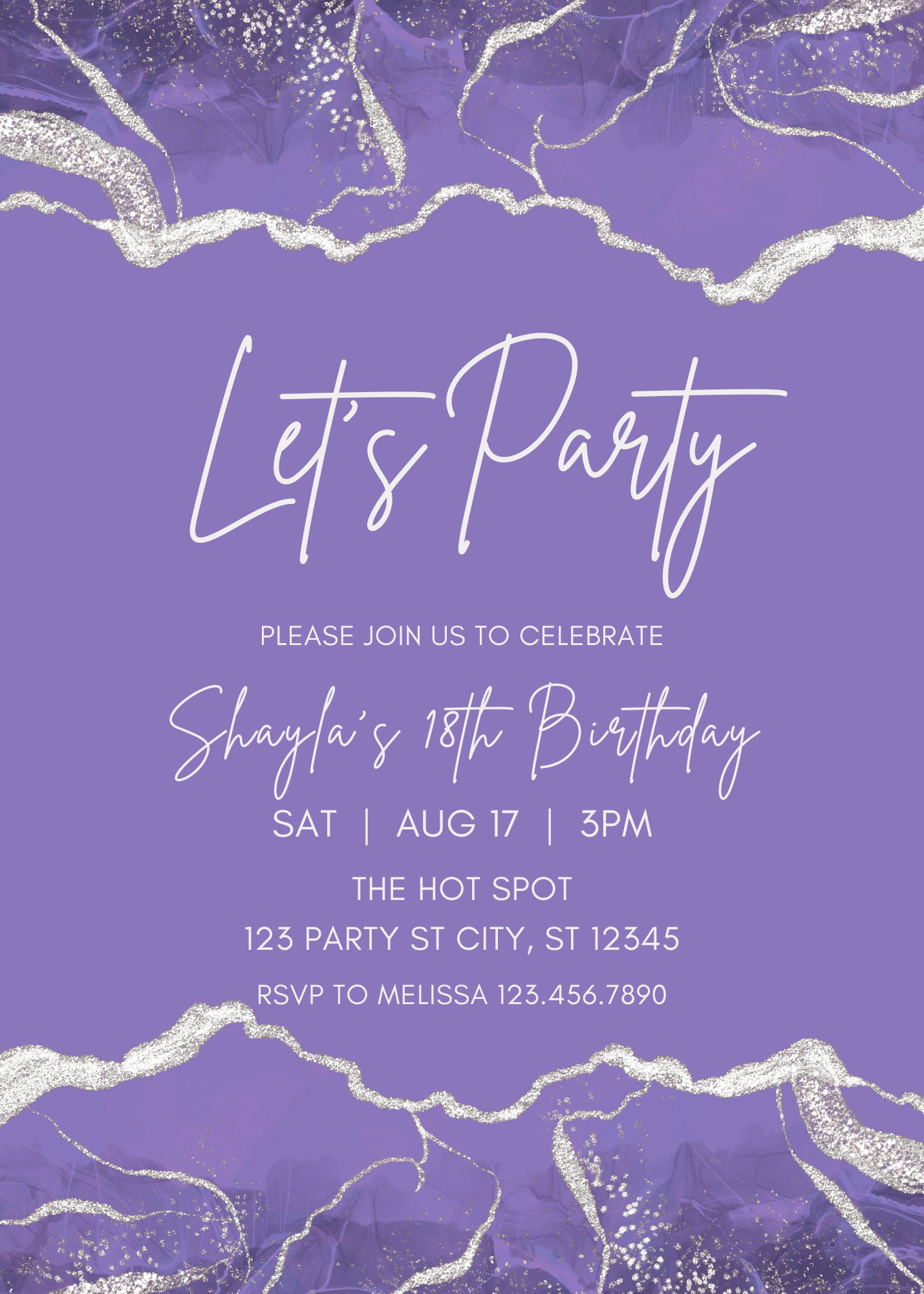 Editable Let's Party Invitation, Lavender and Silver, Purple, Printable ...